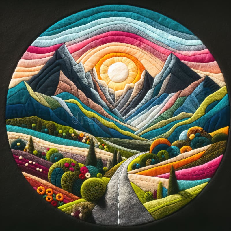 Felt Art Patchwork, Landscape of Beautiful Road in Mountains, Generative AI Stock Illustration ...