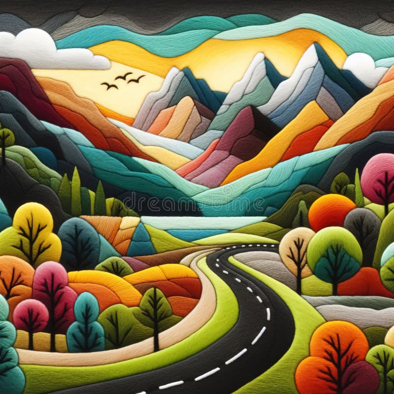 Felt Art Patchwork, Landscape of Beautiful Road in Mountains, Generative AI Stock Image - Image ...