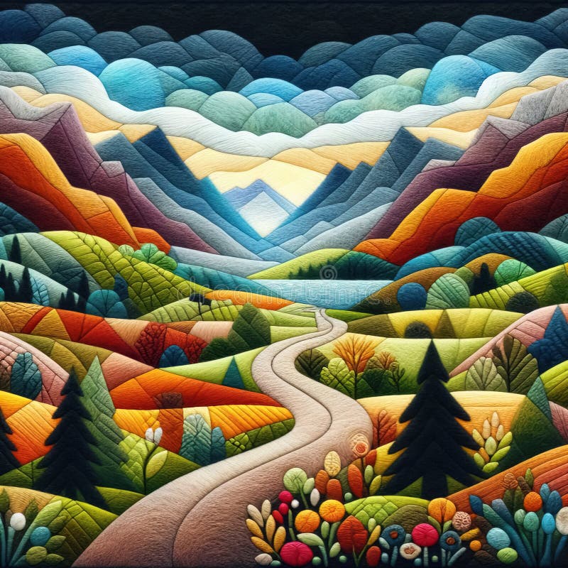 Felt Art Patchwork, Landscape of Beautiful Road in Mountains ...