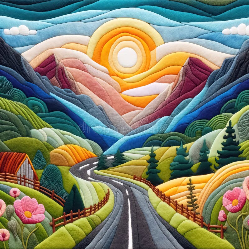 Felt Art Patchwork, Landscape of Beautiful Road in Mountains ...