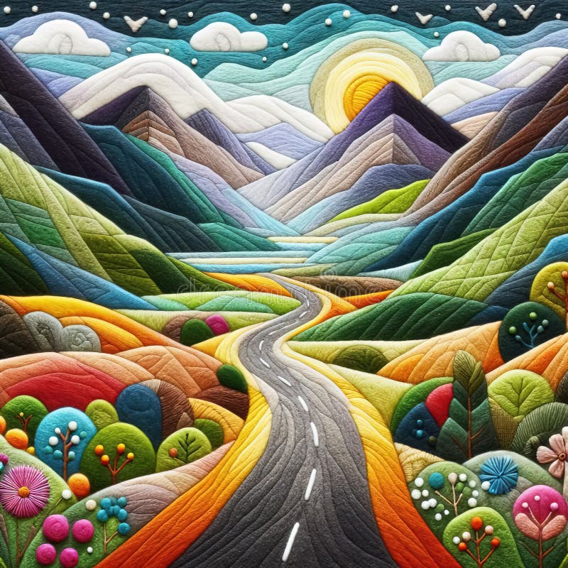 Felt Art Patchwork, Landscape of Beautiful Road in Mountains ...