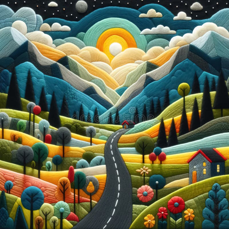 Felt Art Patchwork, Landscape of Beautiful Road in Mountains ...