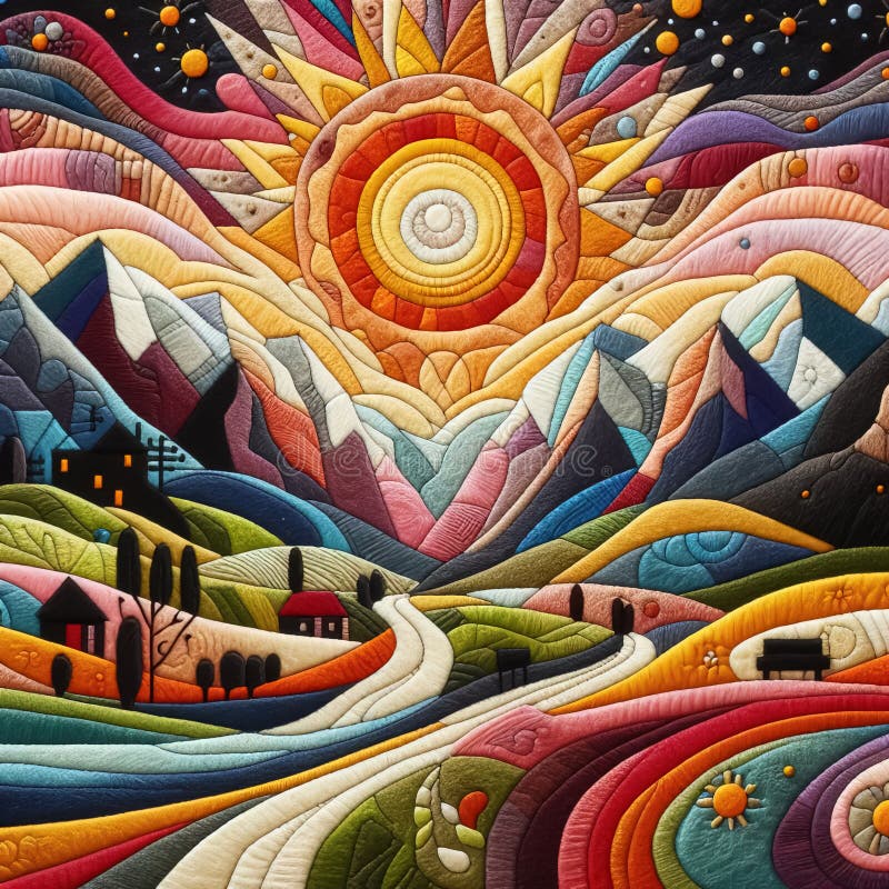 Felt Art Patchwork, Landscape of Beautiful Road in Mountains, Generative AI Stock Illustration ...