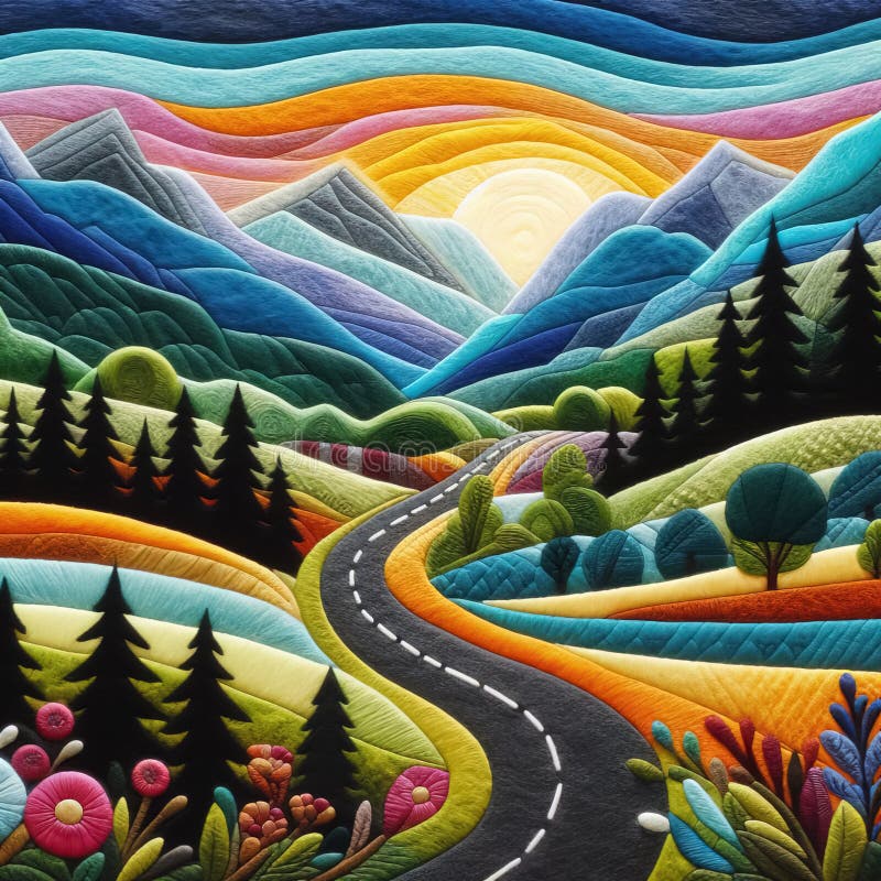 Felt Art Patchwork, Landscape of Beautiful Road in Mountains, Generative AI Stock Illustration ...