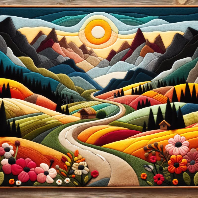 Felt Art Patchwork, Landscape of Beautiful Road in Mountains ...
