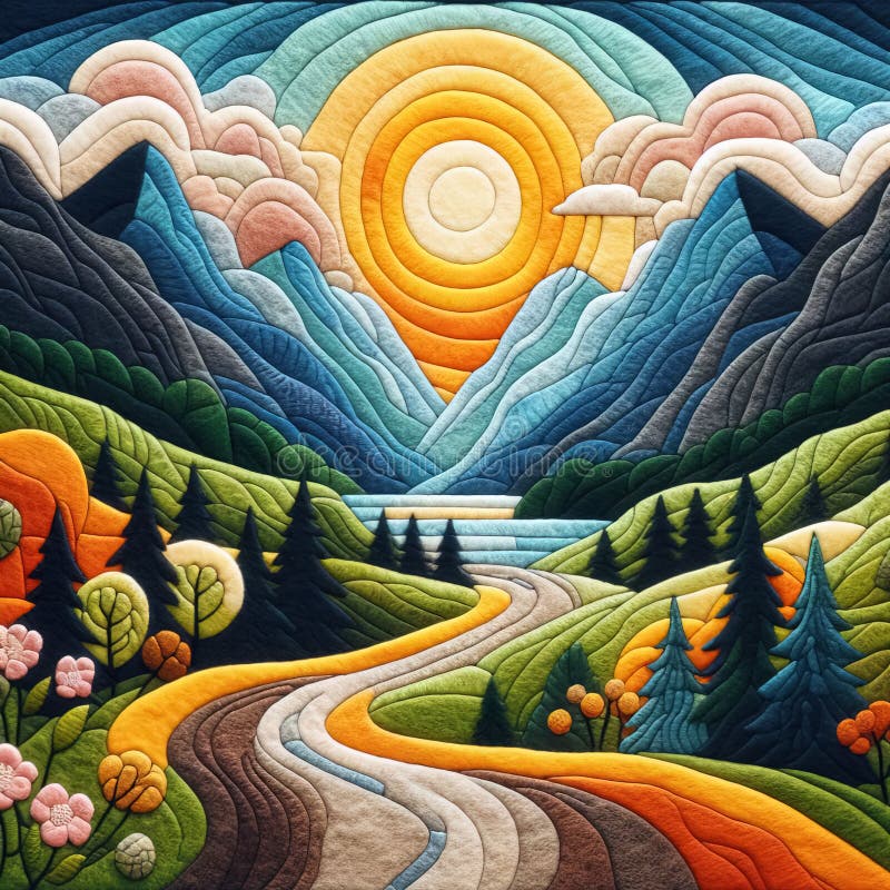Felt Art Patchwork, Landscape of Beautiful Road in Mountains ...