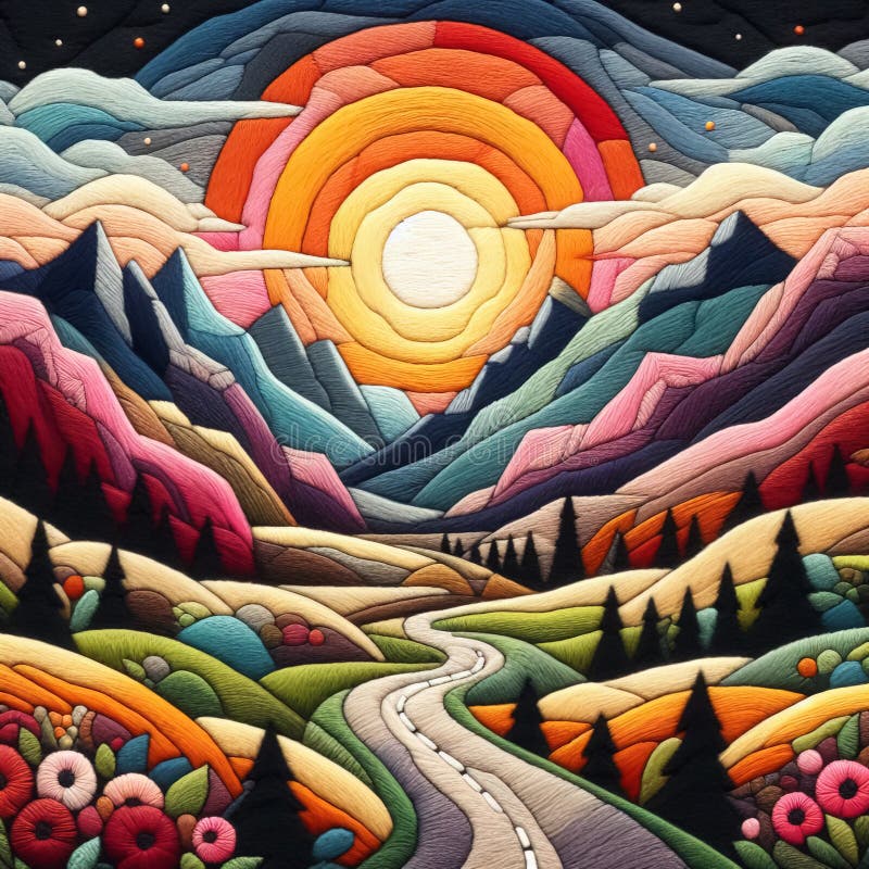 Felt Art Patchwork, Landscape of Beautiful Road in Mountains, Generative AI Stock Illustration ...