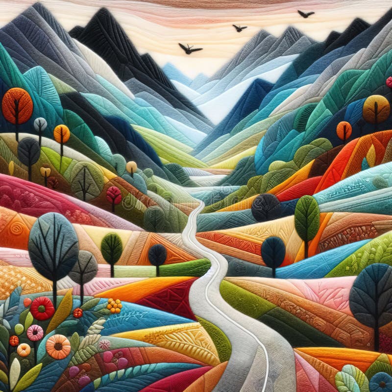 Felt Art Patchwork, Landscape of Beautiful Road in Mountains, Generative AI Stock Illustration ...