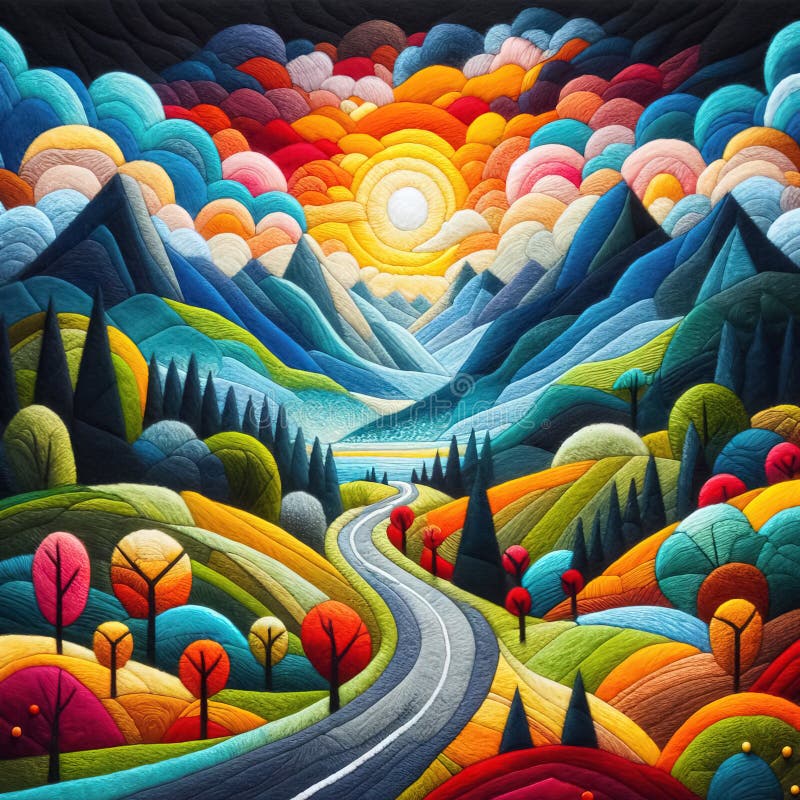 Felt Art Patchwork, Landscape of Beautiful Road in Mountains, Generative AI Stock Illustration ...