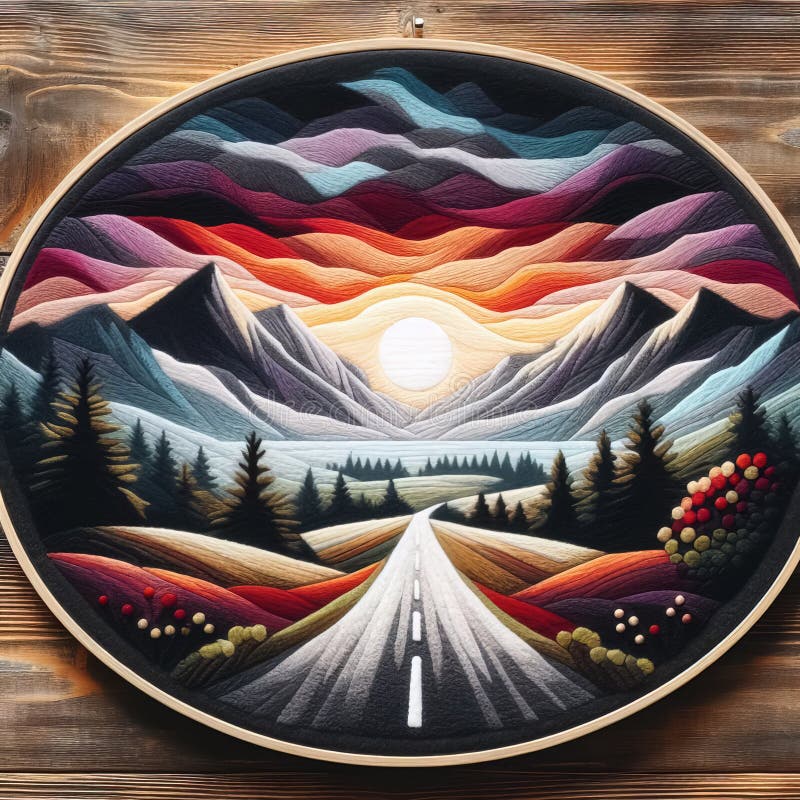 Felt Art Patchwork, Landscape of Beautiful Road in Mountains, Generative AI Stock Illustration ...
