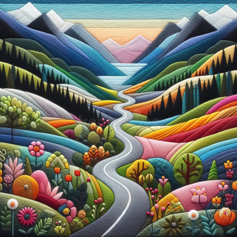 Felt Art Patchwork, Landscape of Beautiful Road in Mountains, Generative AI Stock Illustration ...