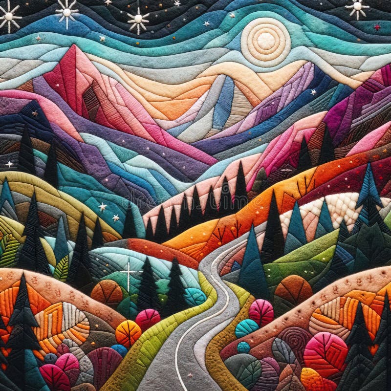 Felt Art Patchwork, Landscape of Beautiful Road in Mountains, Generative AI Stock Illustration ...