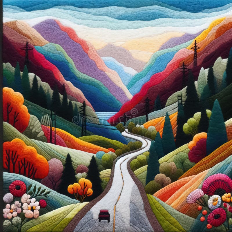 Felt Art Patchwork, Landscape of Beautiful Road in Mountains ...