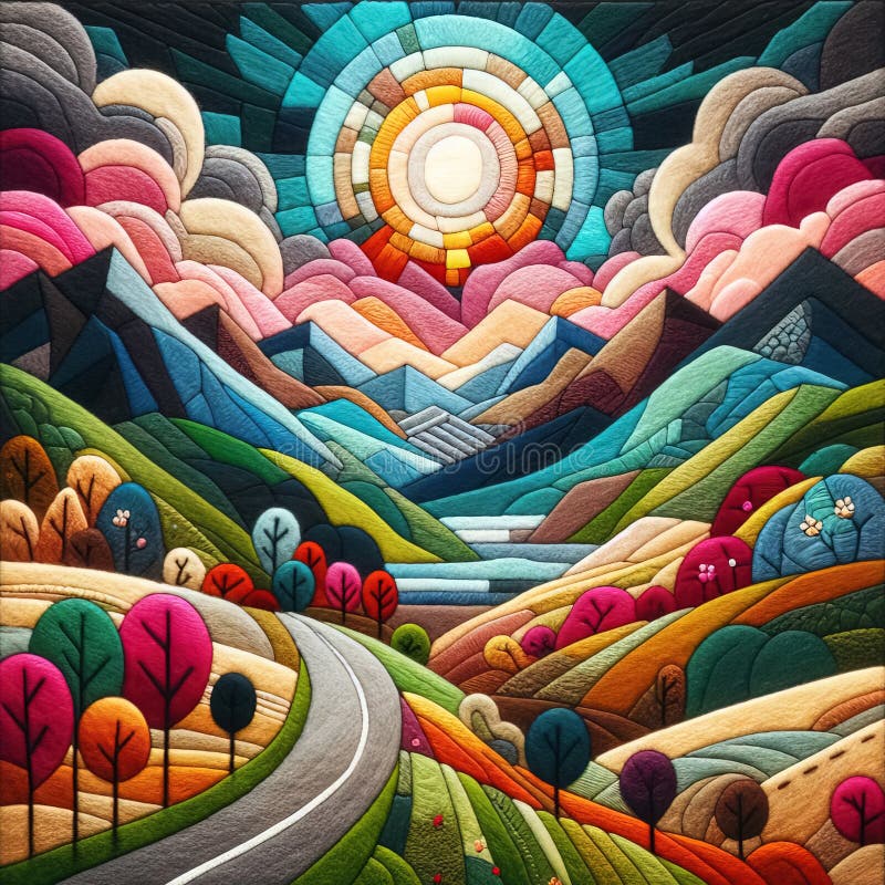 Felt Art Patchwork, Landscape of Beautiful Road in Mountains, Generative AI Stock Illustration ...