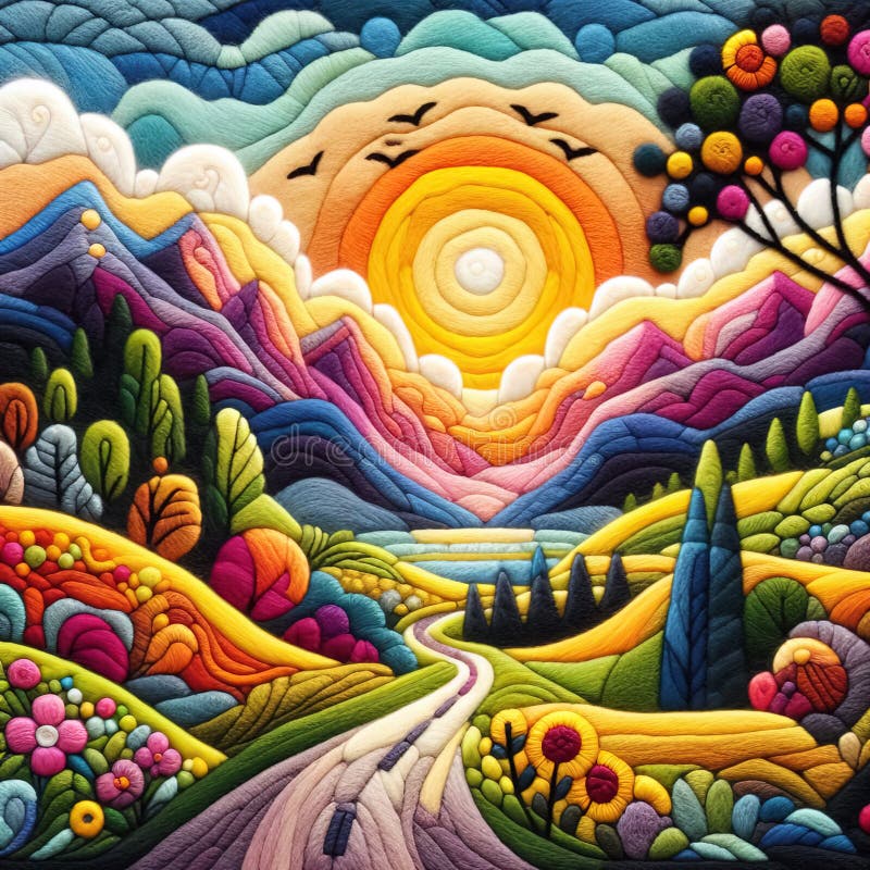 Felt Art Patchwork, Landscape of Beautiful Road in Mountains, Generative AI Stock Illustration ...