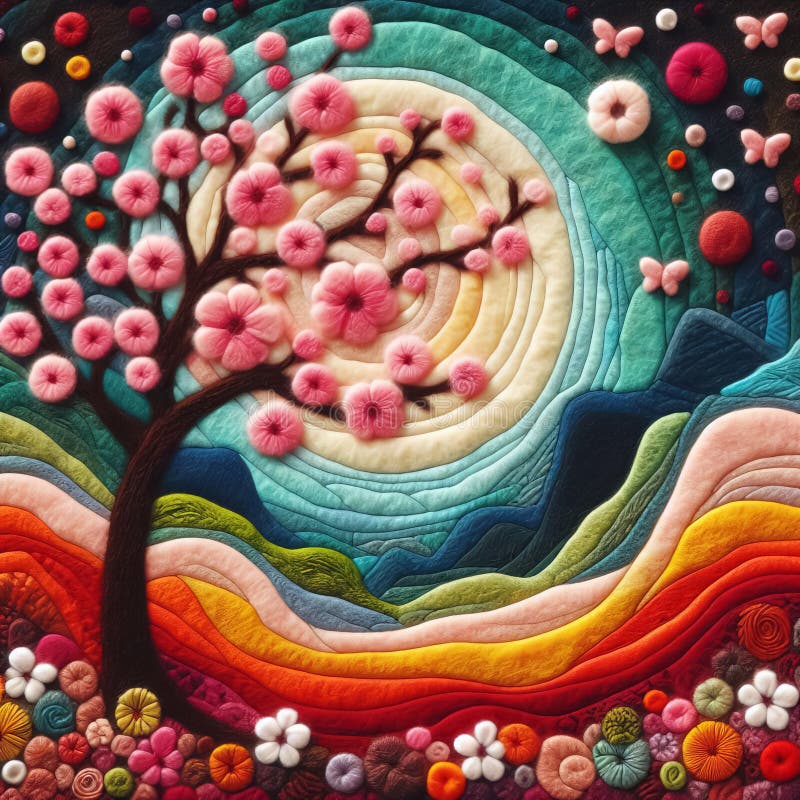Felt Art Patchwork, Landscape of a Serene Cherry Blossom in Full Bloom Stock Illustration ...
