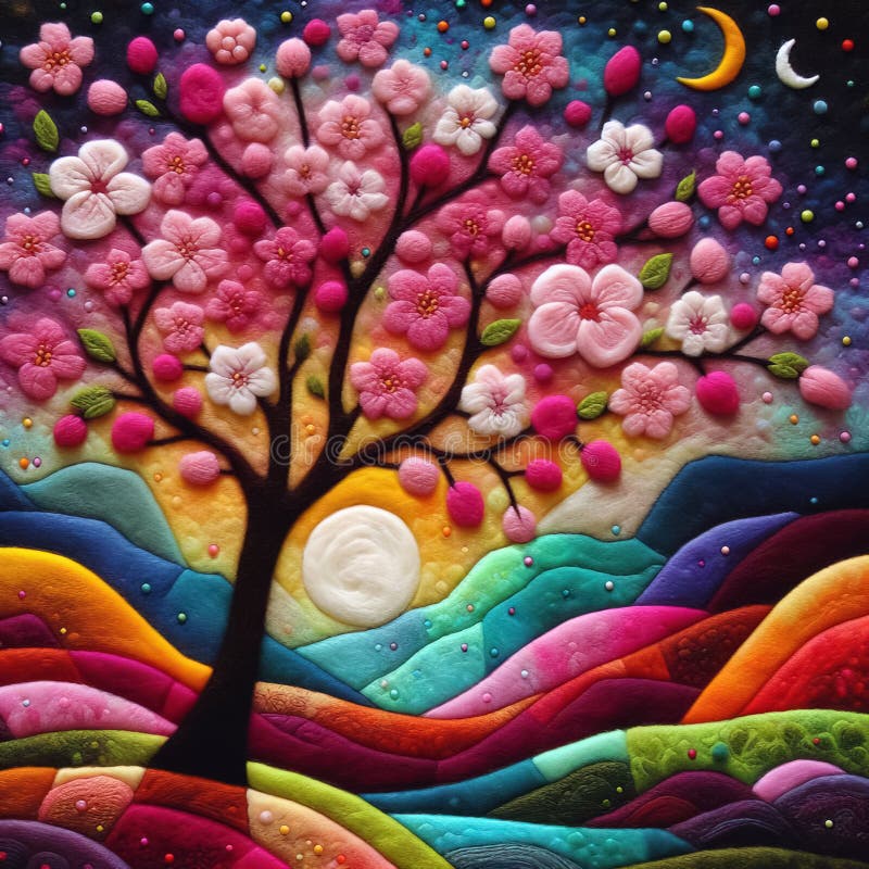 Felt Art Patchwork, Landscape of a Serene Cherry Blossom in Full Bloom Stock Illustration ...
