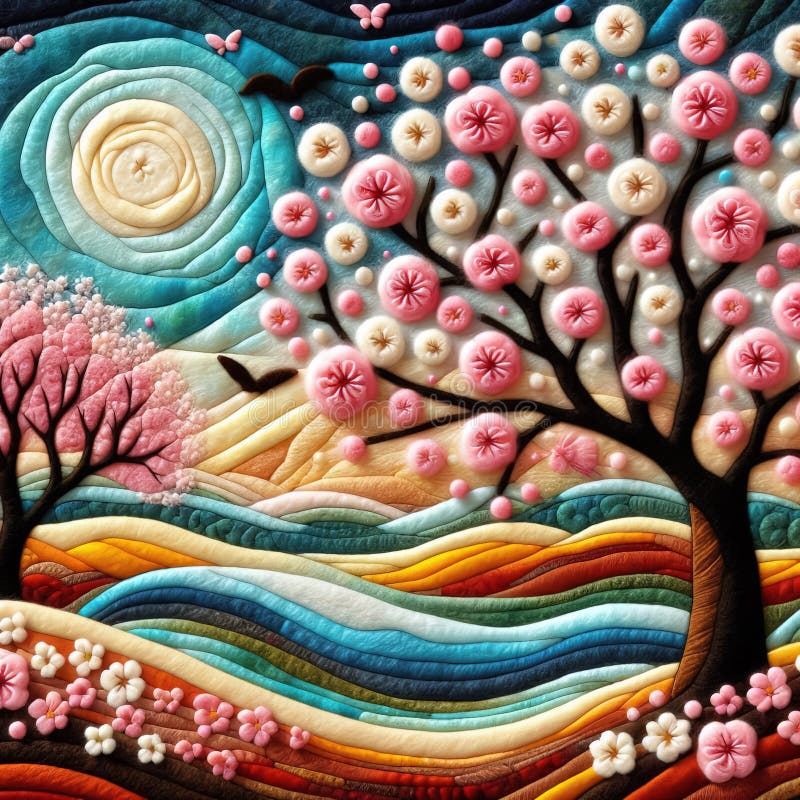 Felt Art Patchwork, Landscape of a Serene Cherry Blossom in Full Bloom Stock Illustration ...