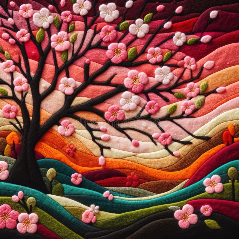 Felt Art Patchwork, Landscape of a Serene Cherry Blossom in Full Bloom Stock Illustration ...