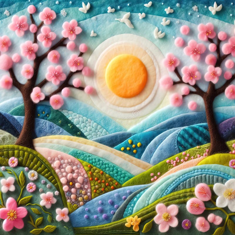 Felt Art Patchwork, Landscape of a Serene Cherry Blossom in Full Bloom Stock Illustration ...