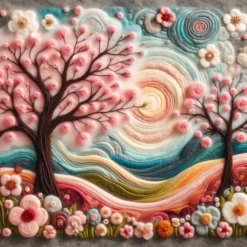 Felt Art Patchwork, Landscape of a Serene Cherry Blossom in Full Bloom Stock Illustration ...