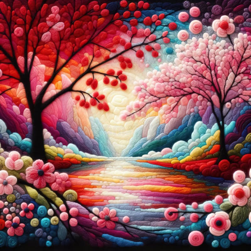 Felt Art Patchwork, Landscape of a Serene Cherry Blossom in Full Bloom ...