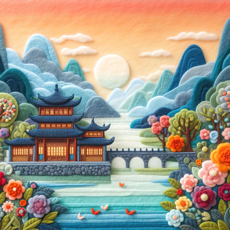 Felt Art Patchwork, Mountains Host Chinese Ancient Architecture ...