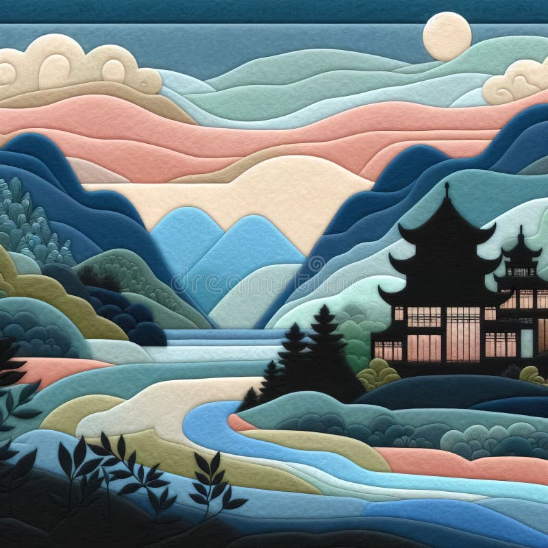 Felt Art Patchwork, Mountains Host Chinese Ancient Architecture ...