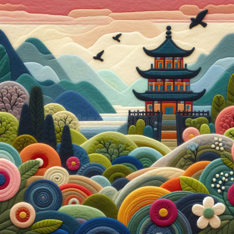Felt Art Patchwork, Mountains Host Chinese Ancient Architecture ...