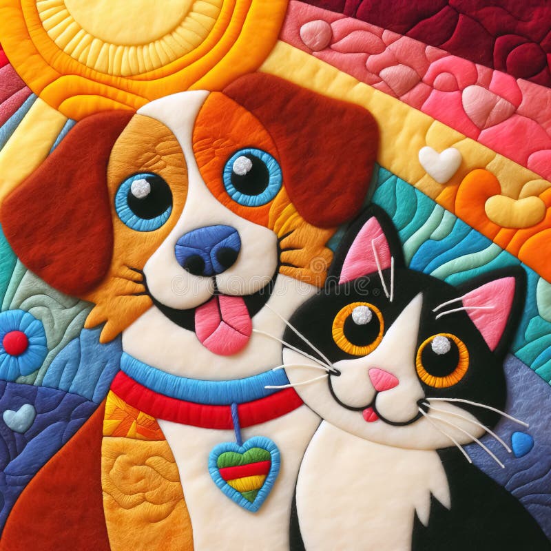 Felt Art Patchwork, Portrait of Happy Dog and Cat, Generative AI Stock ...