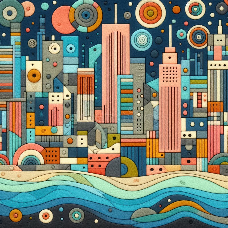 Felt Art Patchwork, Pristine Panorama Abstract Minimal City Landscape ...