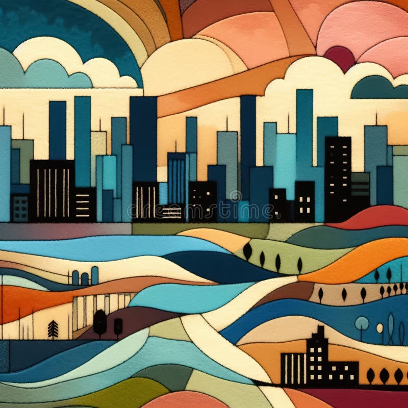 Felt Art Patchwork, Pristine Panorama Abstract Minimal City Landscape ...