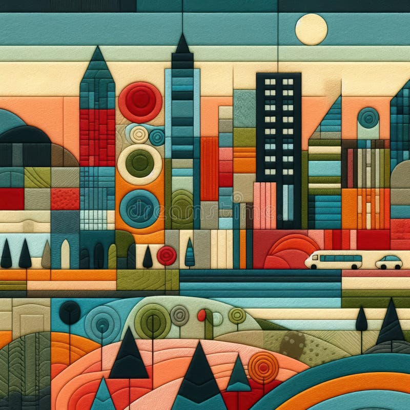Felt Art Patchwork, Pristine Panorama Abstract Minimal City Landscape ...