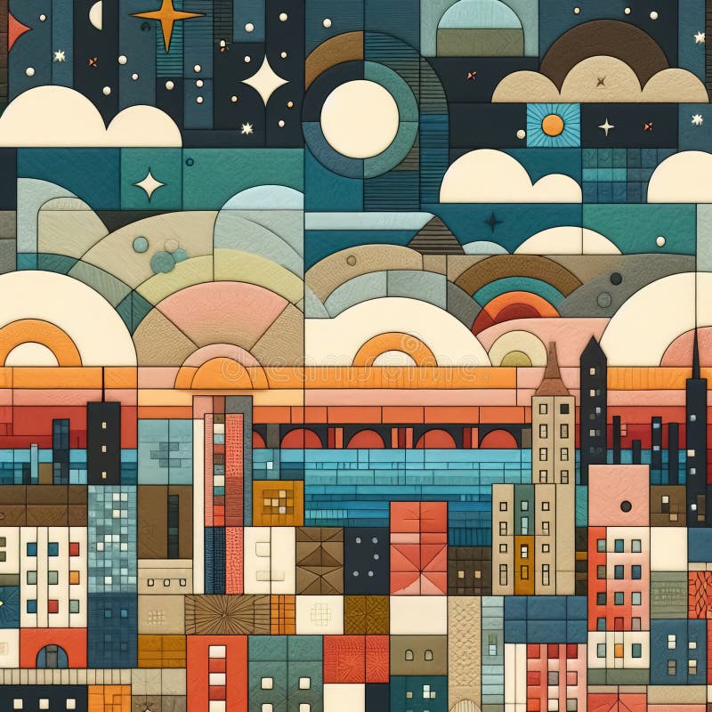 Felt Art Patchwork, Pristine Panorama Abstract Minimal City Landscape, Generative AI Stock Image ...
