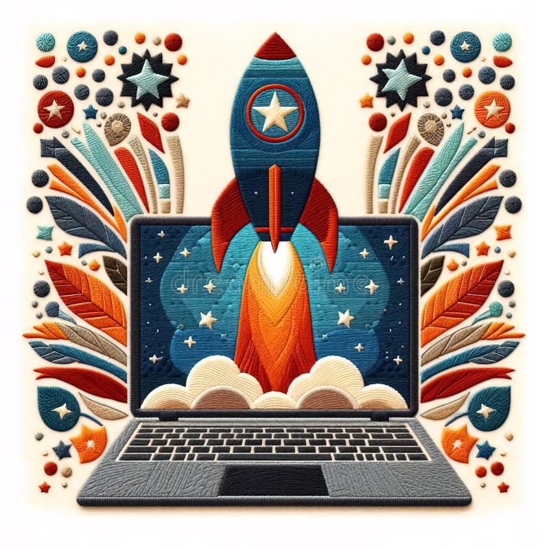 Felt Art Patchwork, Sleek Rocket Blasting Off from an Open Laptop ...