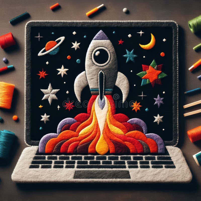 Felt Art Patchwork, Sleek Rocket Blasting Off from an Open Laptop ...
