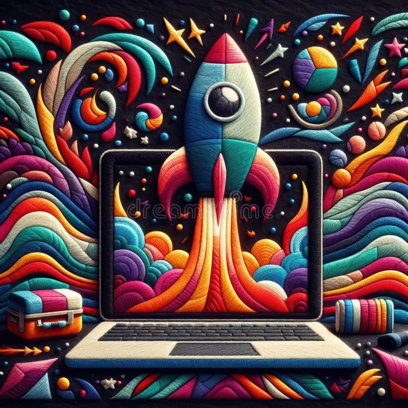 Felt Art Patchwork, Sleek Rocket Blasting Off from an Open Laptop ...