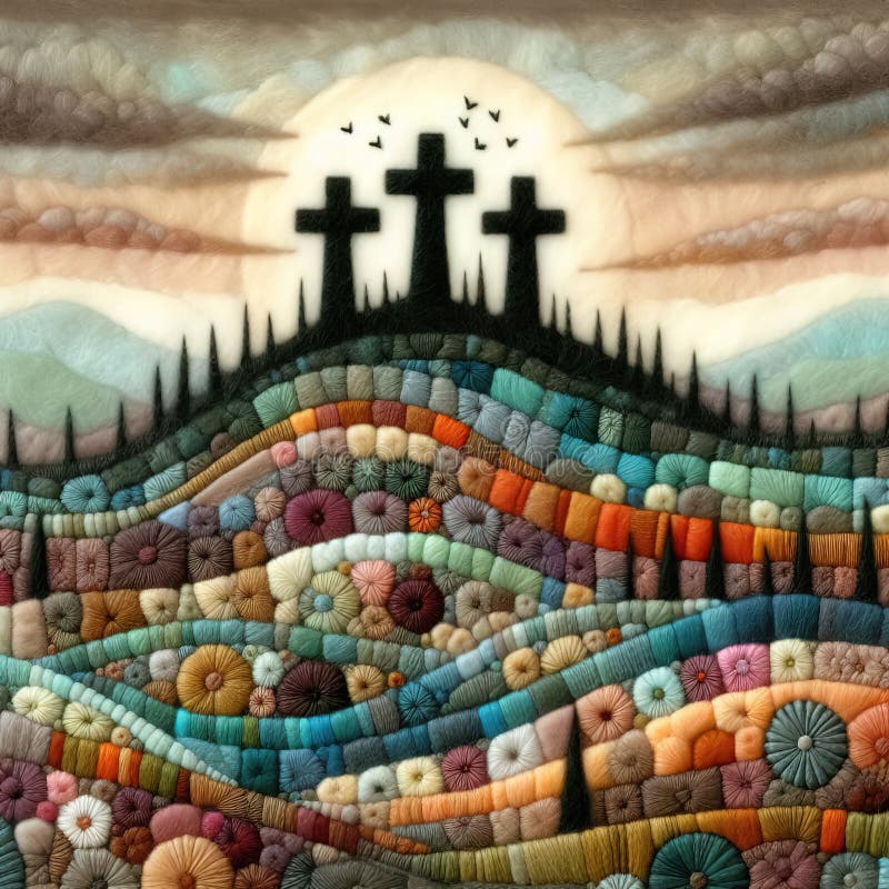 Felt Art Patchwork, Three Crosses on Top of the Hill in the Mist Stock ...