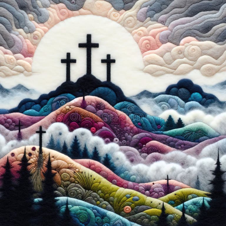 Felt Art Patchwork, Three Crosses on Top of the Hill in the Mist Stock ...