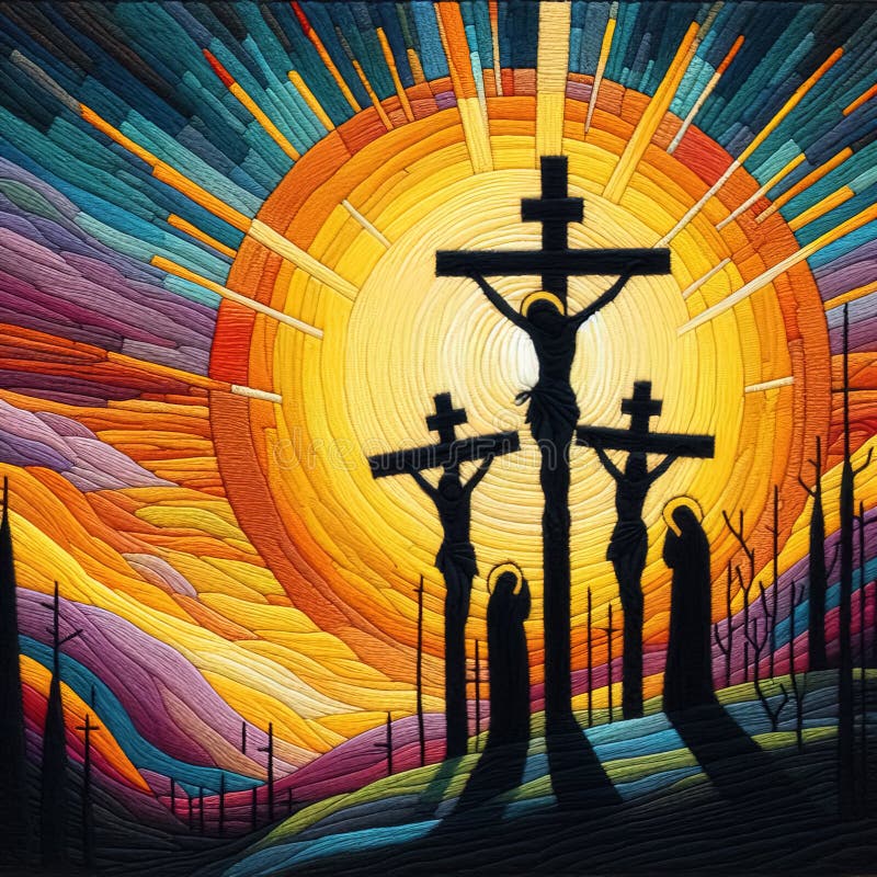 Felt Art Patchwork, View on the Three Crosses on Golgotha at Sunrise ...