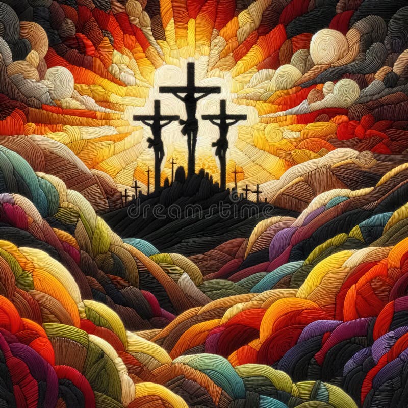 Felt Art Patchwork, View on the Three Crosses on Golgotha at Sunrise ...