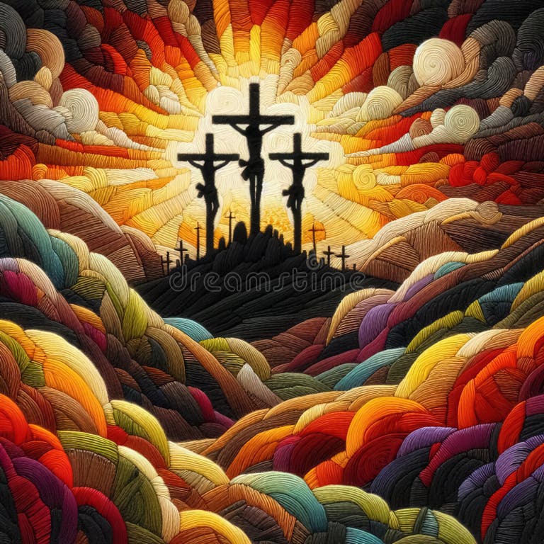 Felt Art Patchwork, View on the Three Crosses on Golgotha at Sunrise ...