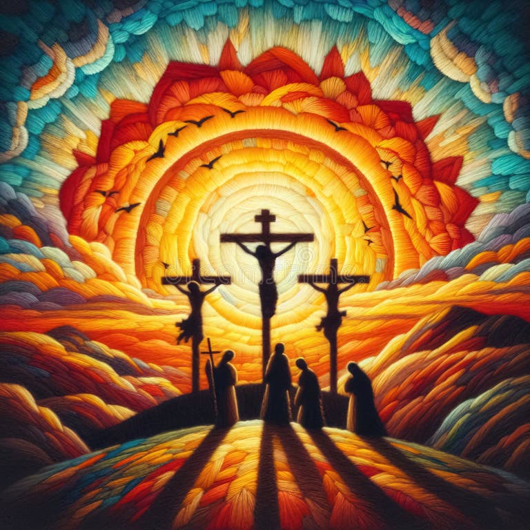 Felt Art Patchwork, View on the Three Crosses on Golgotha at Sunrise ...