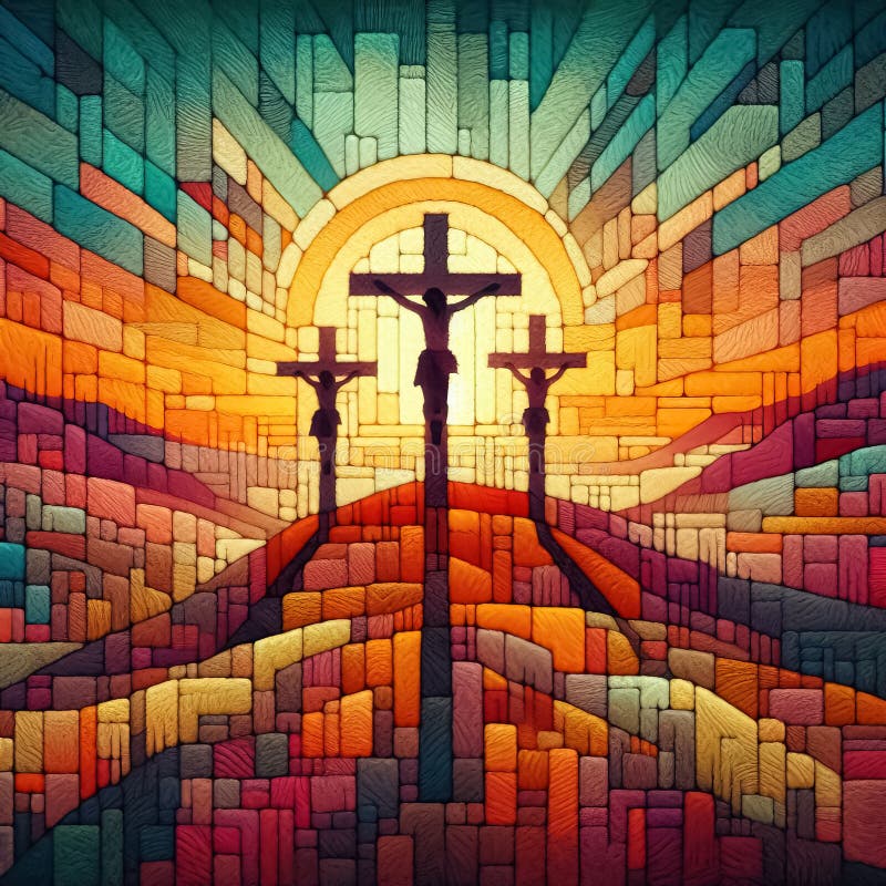 Felt Art Patchwork, View on the Three Crosses on Golgotha at Sunrise ...
