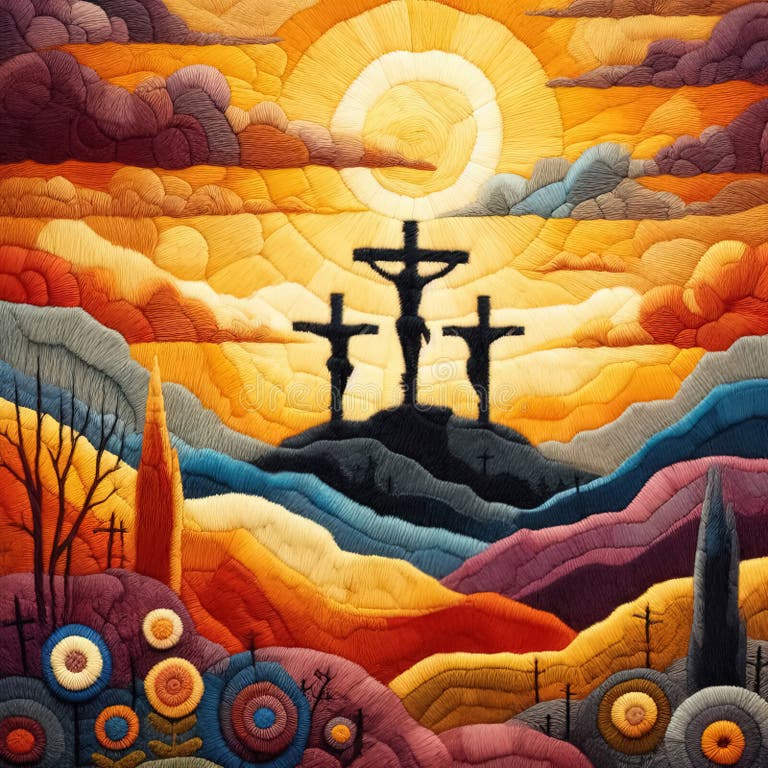 Felt Art Patchwork, View on the Three Crosses on Golgotha at Sunrise ...