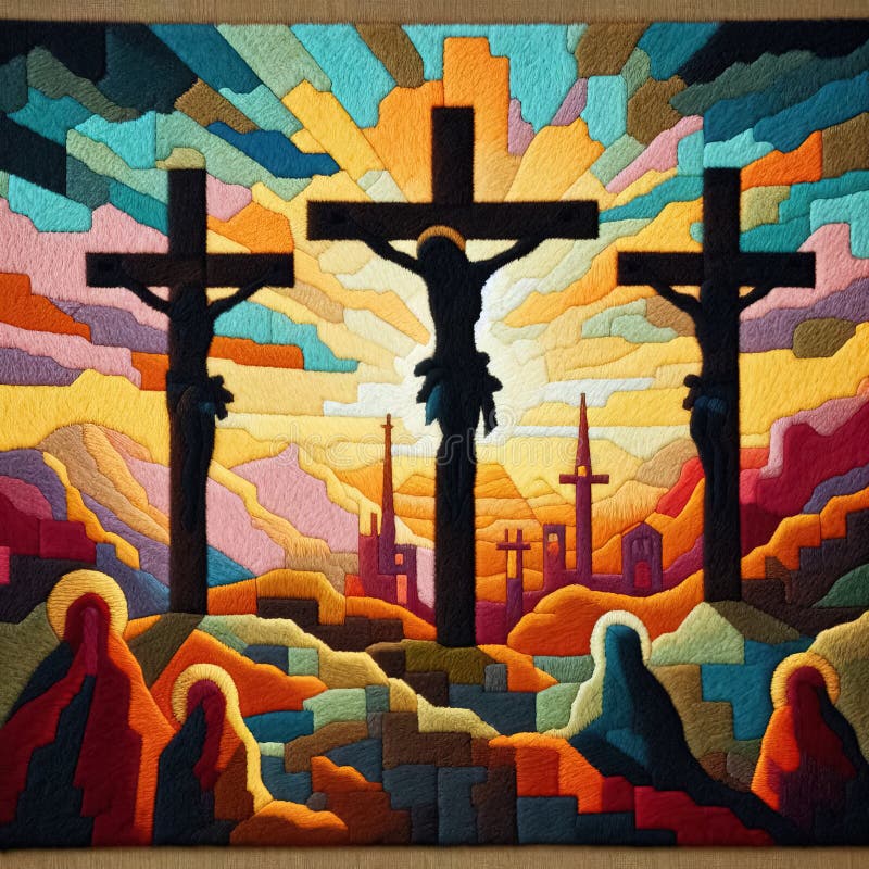 Felt Art Patchwork, View on the Three Crosses on Golgotha at Sunrise ...
