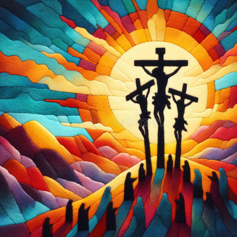 Felt Art Patchwork, View on the Three Crosses on Golgotha at Sunrise ...