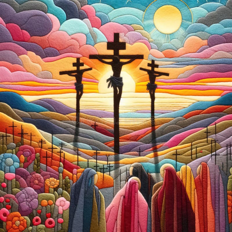 Felt Art Patchwork, View on the Three Crosses on Golgotha at Sunrise ...