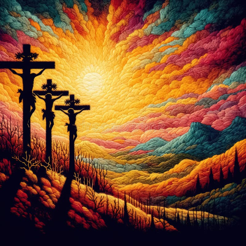 Felt Art Patchwork, View on the Three Crosses on Golgotha at Sunrise ...