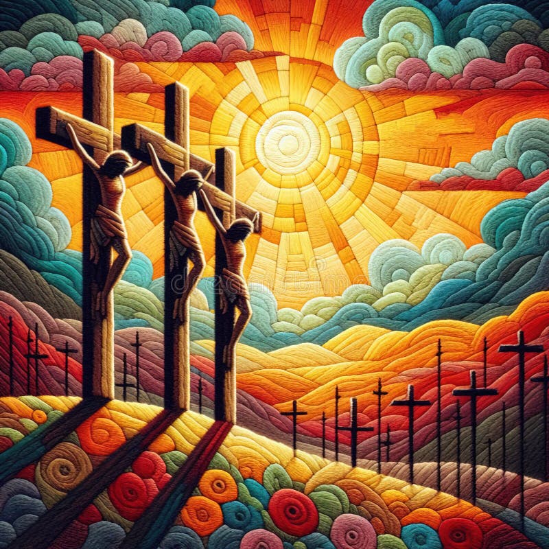 Felt Art Patchwork, View on the Three Crosses on Golgotha at Sunrise ...